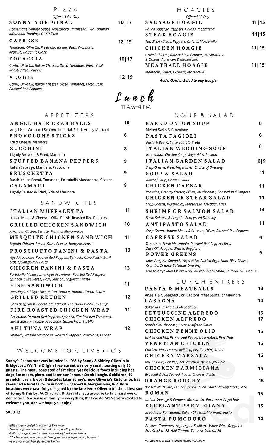 Menu for Oliverio's Ristorante in Bridgeport, WV | Sirved