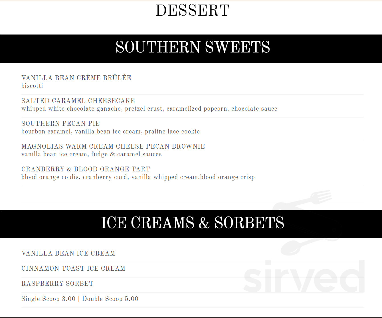 Magnolias menu in Charleston, South Carolina, USA