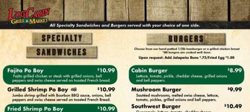 Menu for Log Cabin Grill & Market in Ruston, LA | Sirved