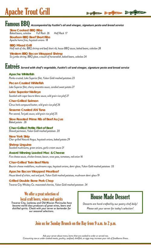 Apache Trout Grill menu in Traverse City, Michigan, USA