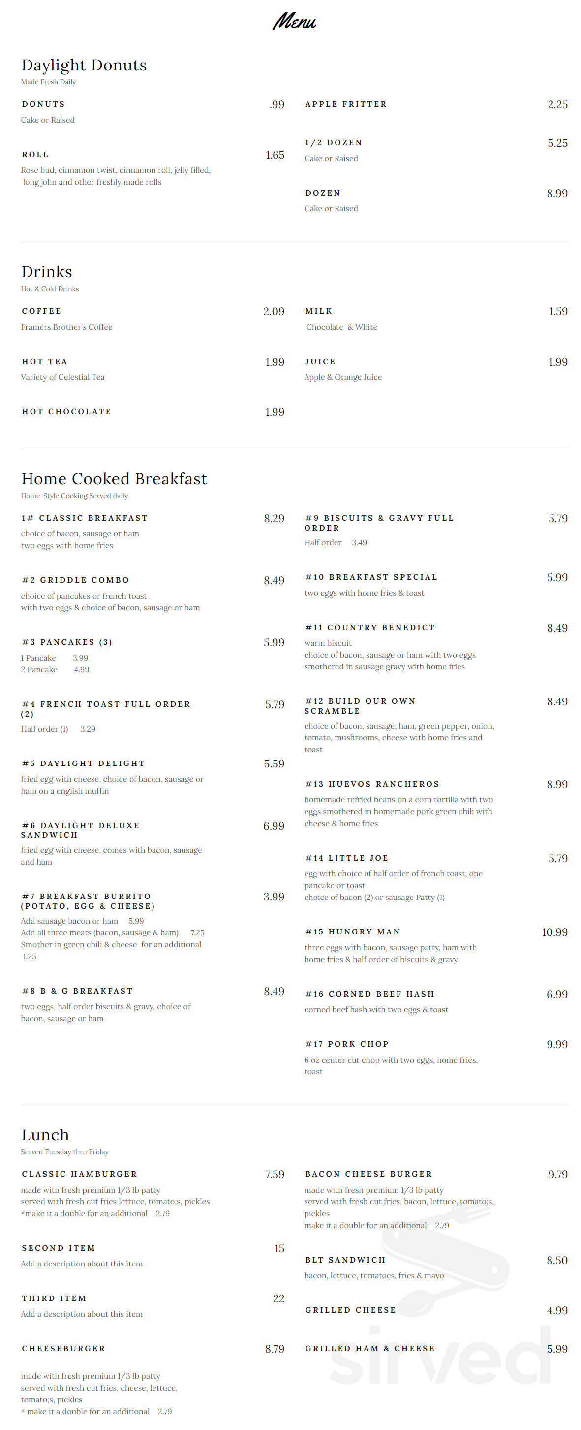 Menu for The Grumpy Egg (Formally known as Daylight Donuts) in Thornton ...