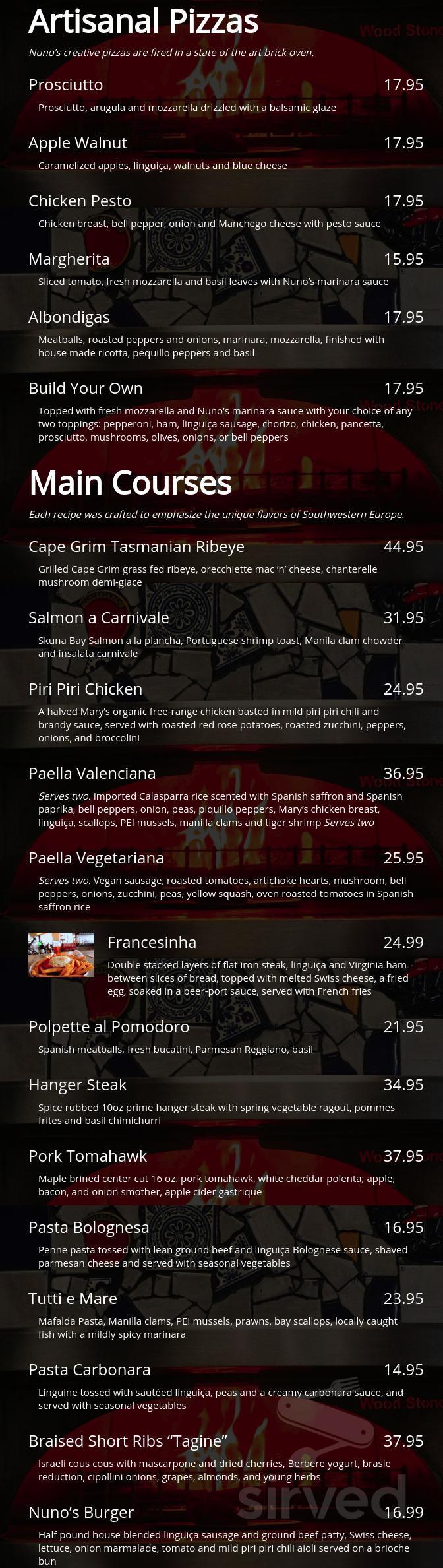Nuno's Bistro & Bar menu in Upland, California, USA