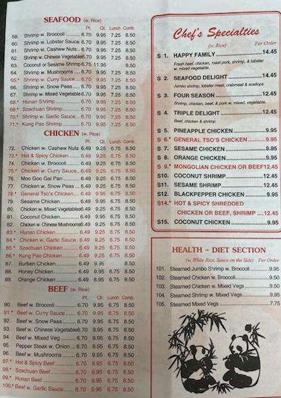 New Panda menu in West Columbia, South Carolina, USA