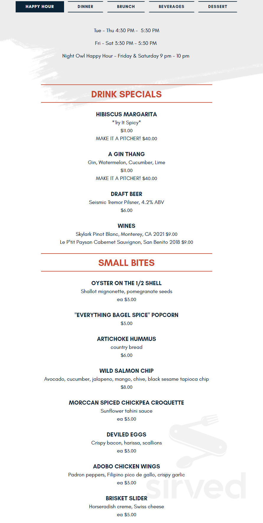 LUNA Kitchen & Cocktails menu in San Francisco, California, USA
