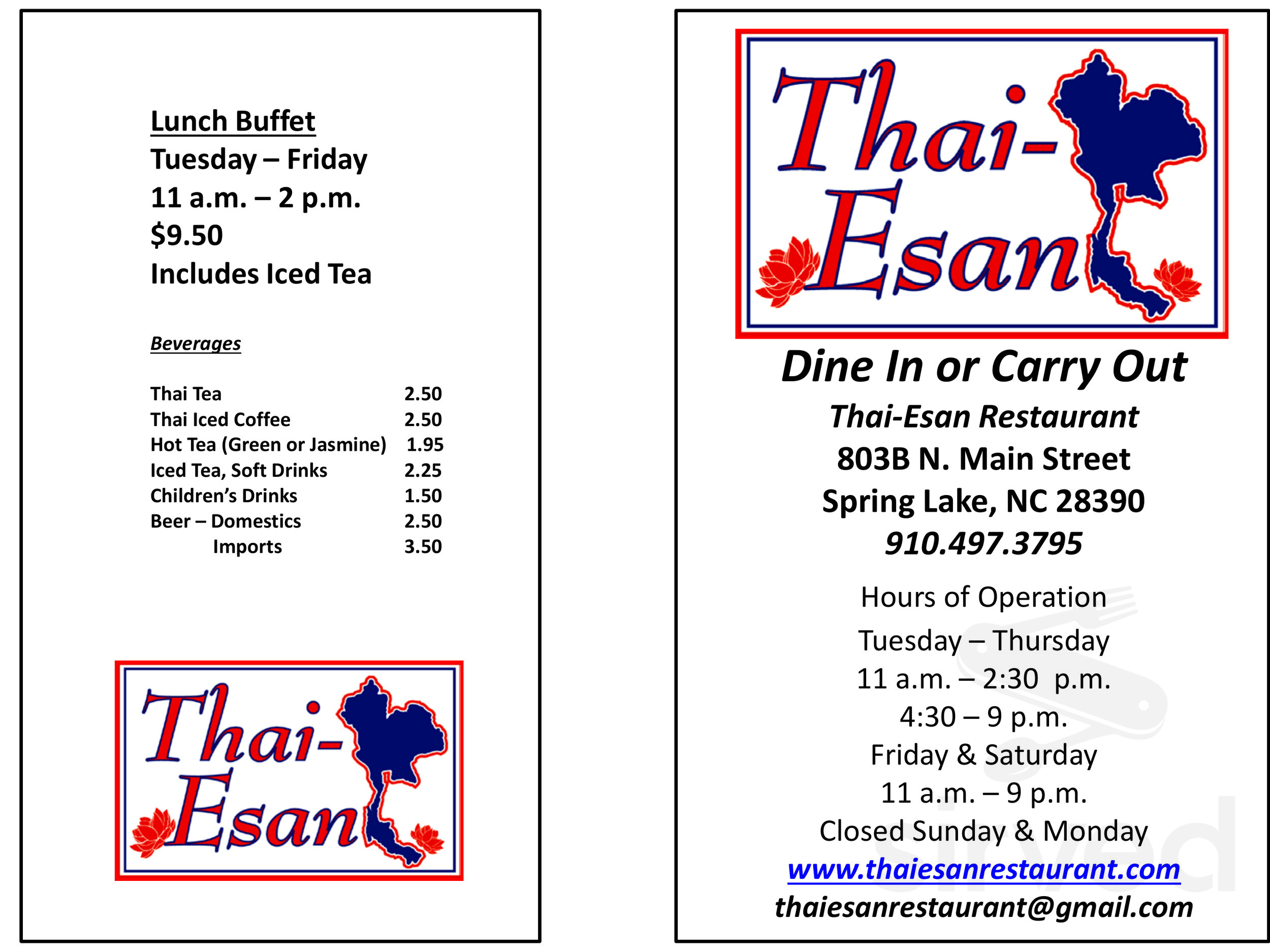 Thai-Esan Restaurant menu in Spring Lake, North Carolina, USA