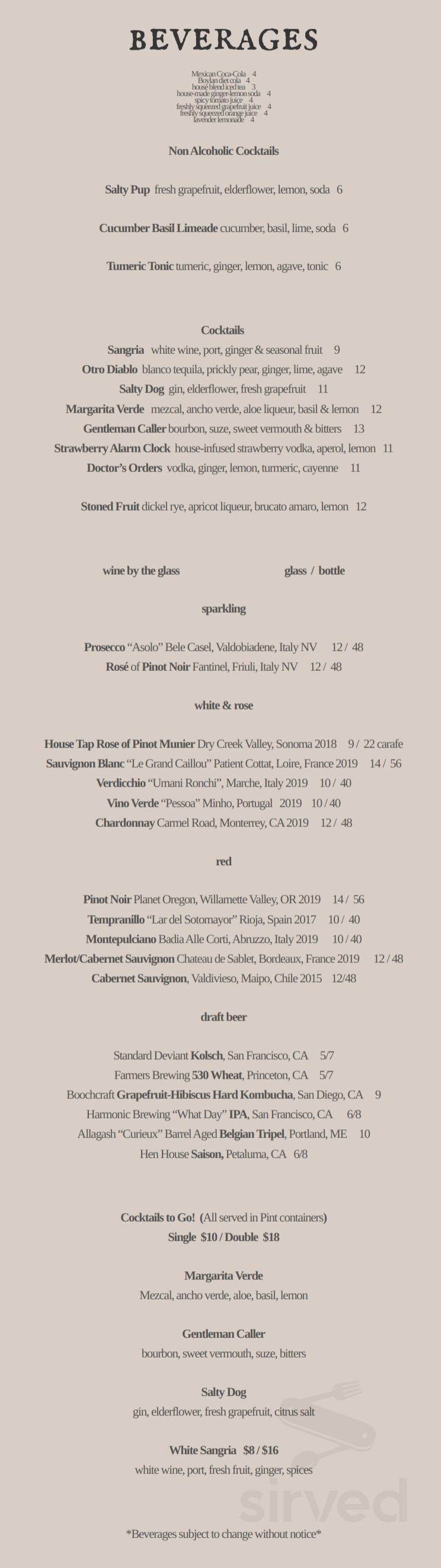Starbelly menu in San Francisco, California, USA