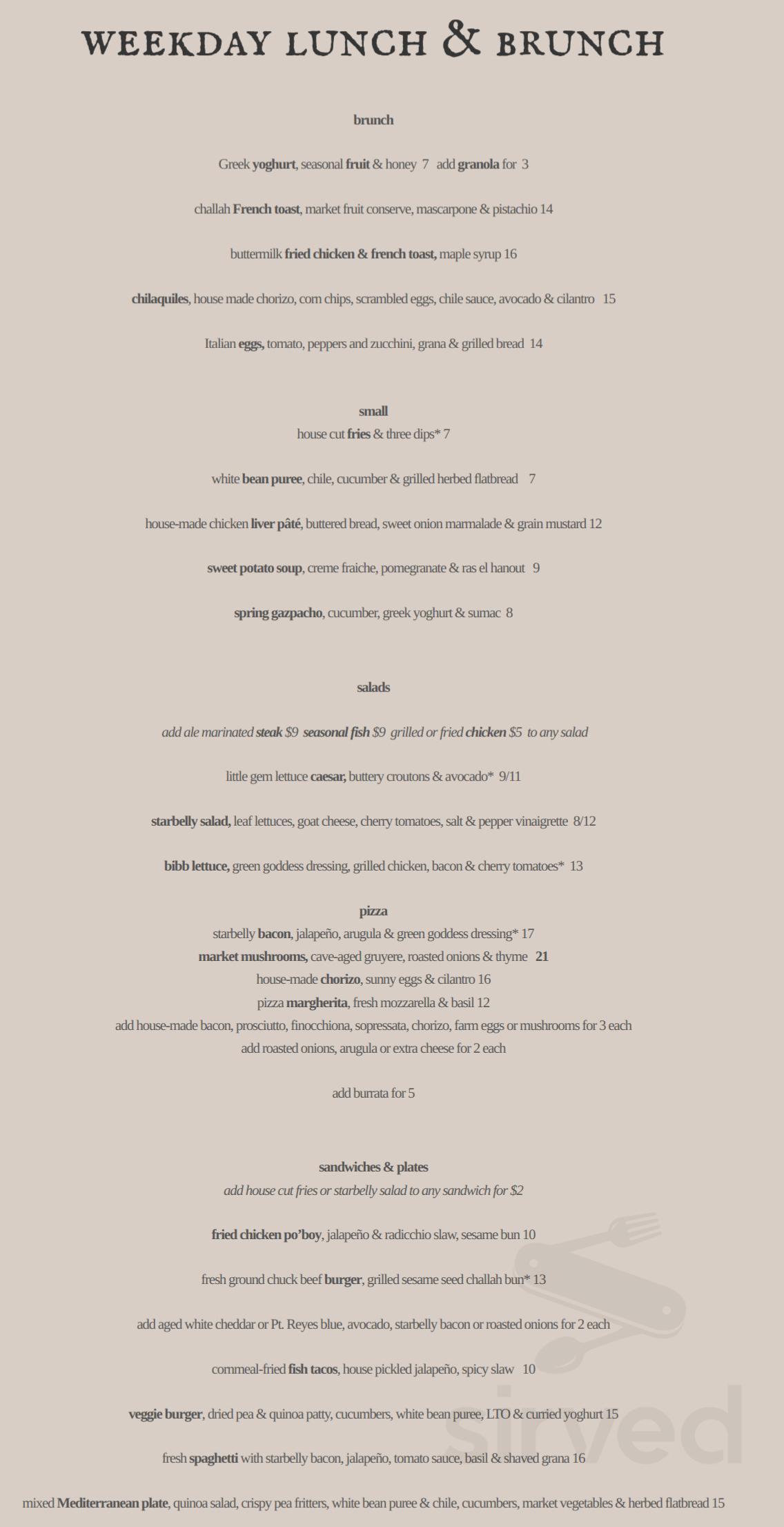 Starbelly menu in San Francisco, California, USA