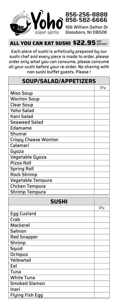 Yoho Asian Bistro menu in Glassboro, New Jersey, USA
