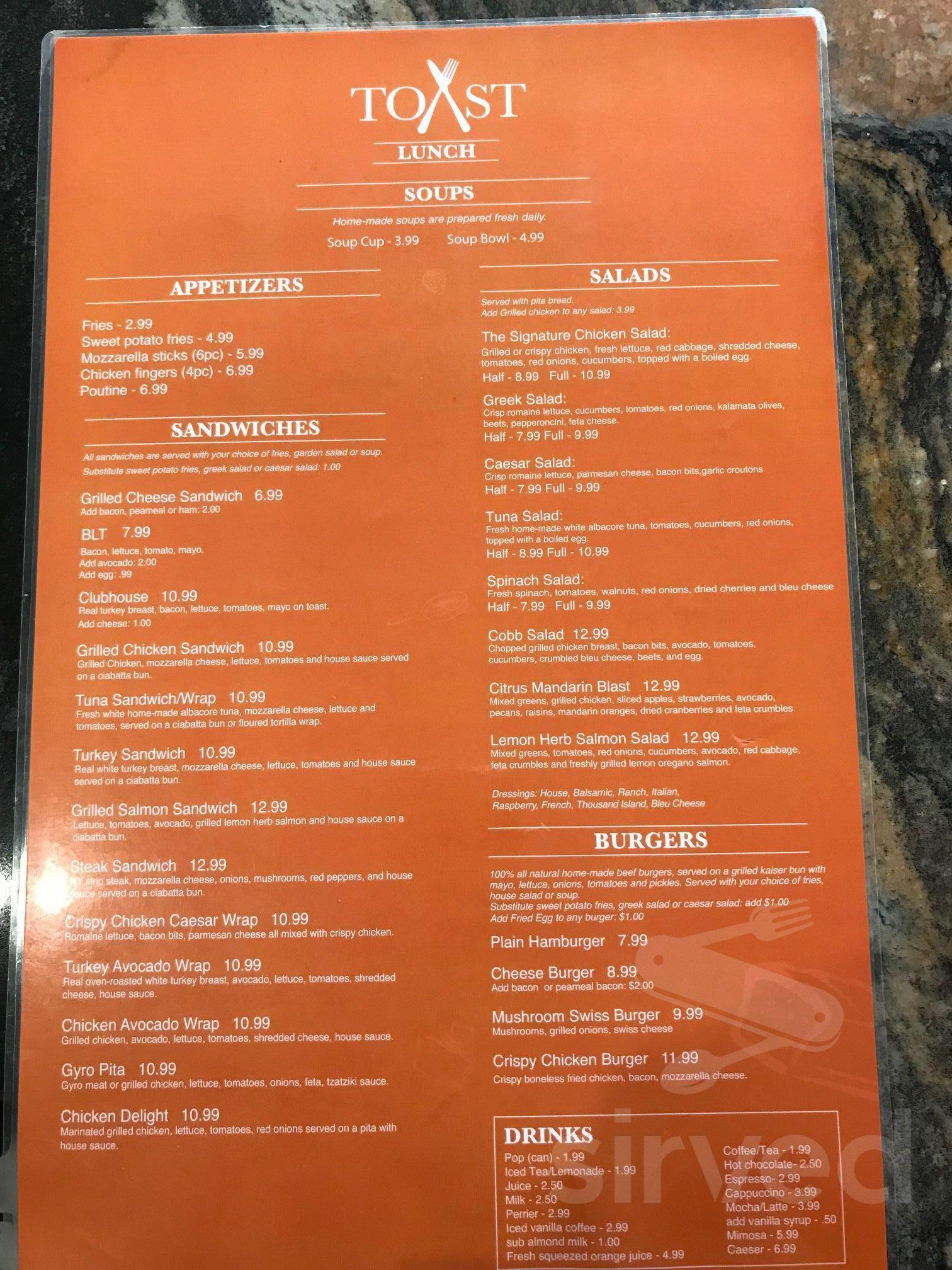 TOAST menu in Windsor, Ontario, Canada