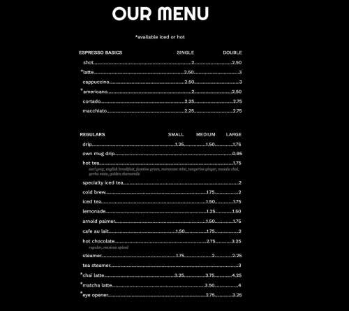 Rice Coffeehouse menu in Houston, Texas, USA