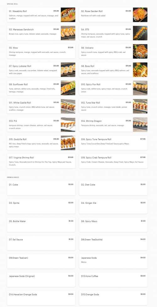 Wasabiko menu in Manassas, Virginia, USA