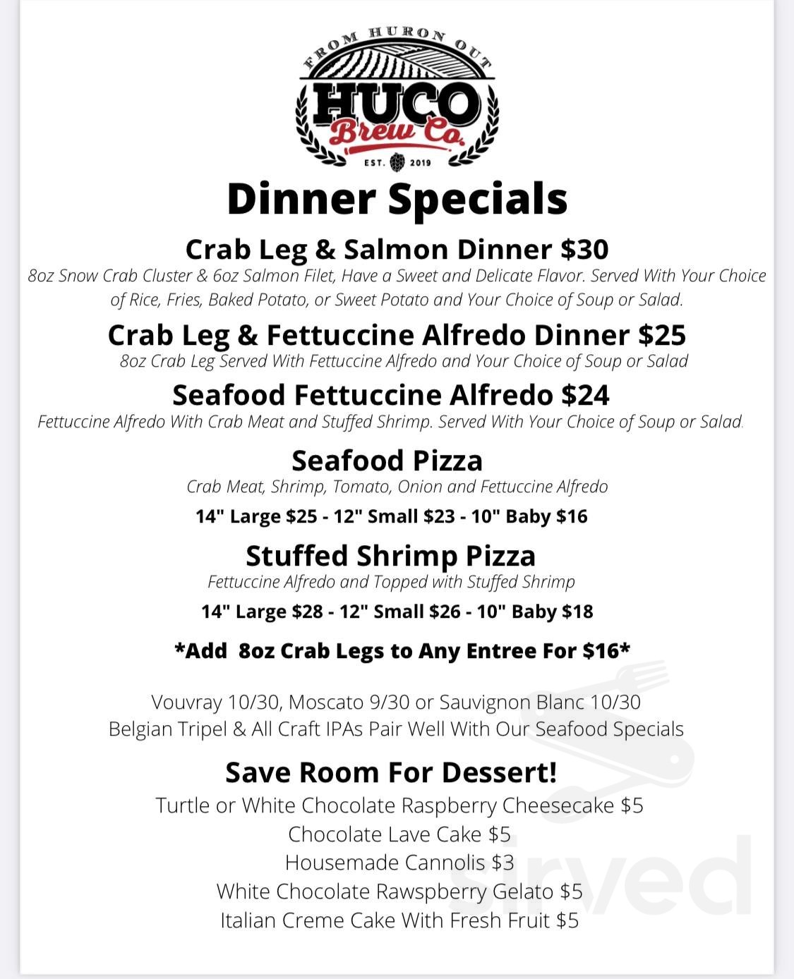 Angelina's Eatery & HUCO Brew Co. menu in Ubly, Michigan, USA