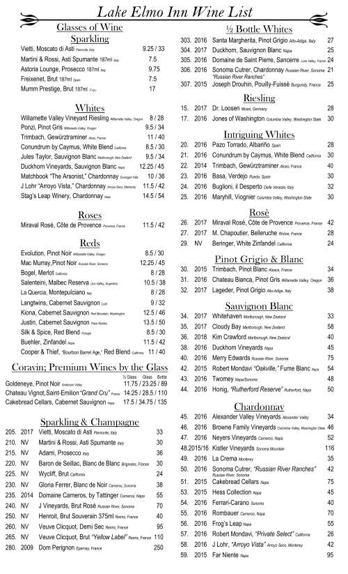 Lake Elmo Inn menu in Lake Elmo, Minnesota, USA
