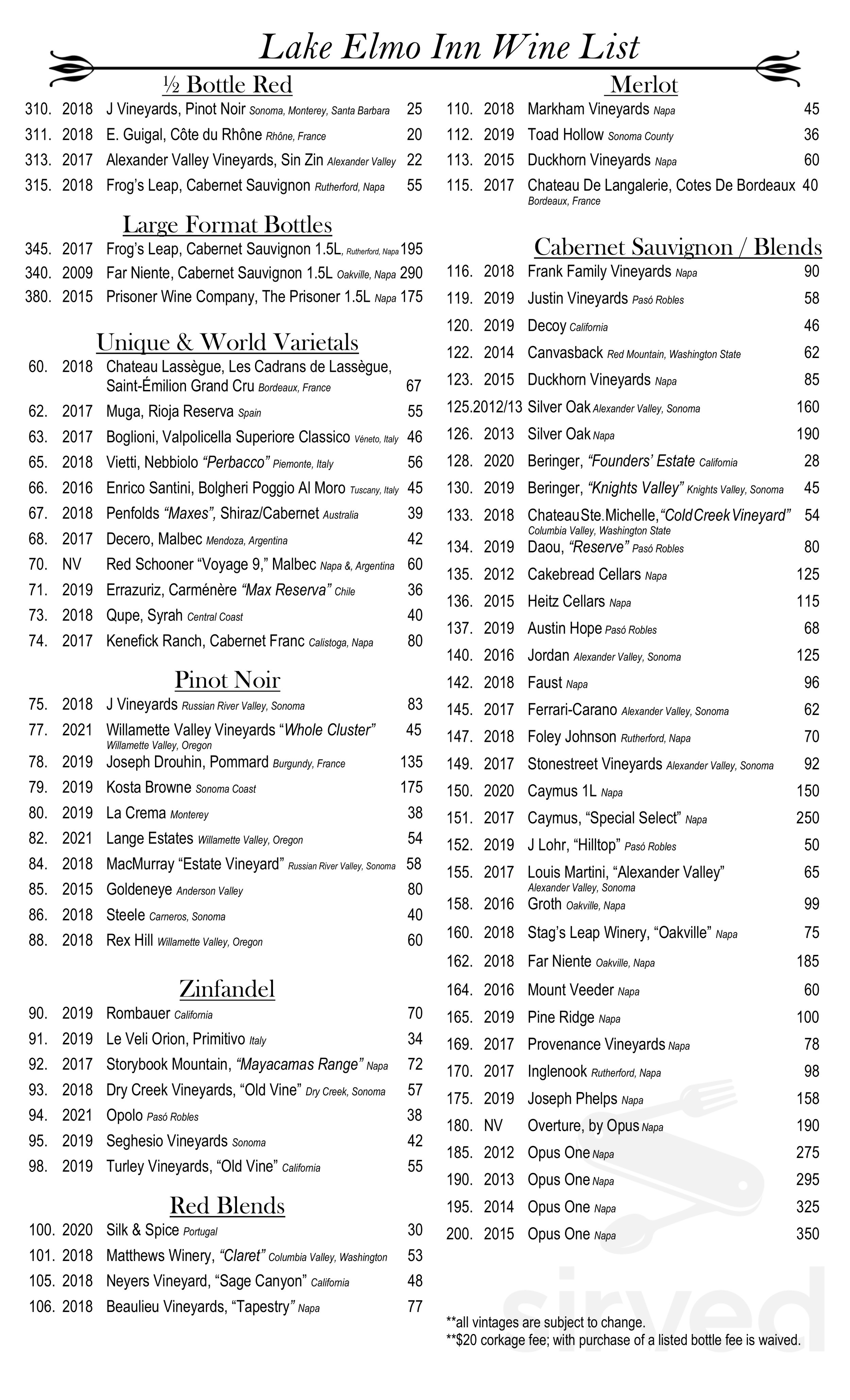 Lake Elmo Inn menus in Lake Elmo, Minnesota, United States