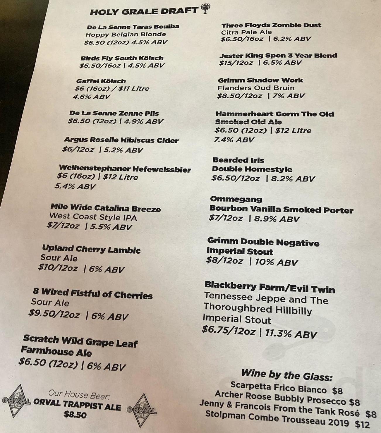 Holy Grale menu in Louisville, Kentucky, USA