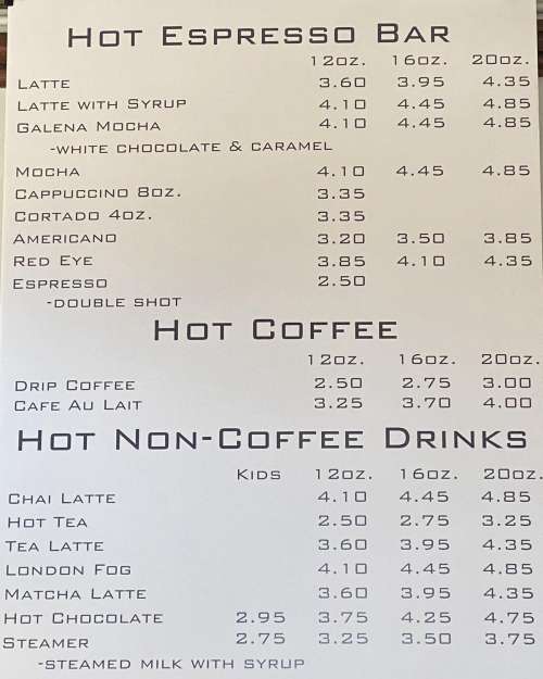 The Coffee Vault menu in Galena, Ohio, USA