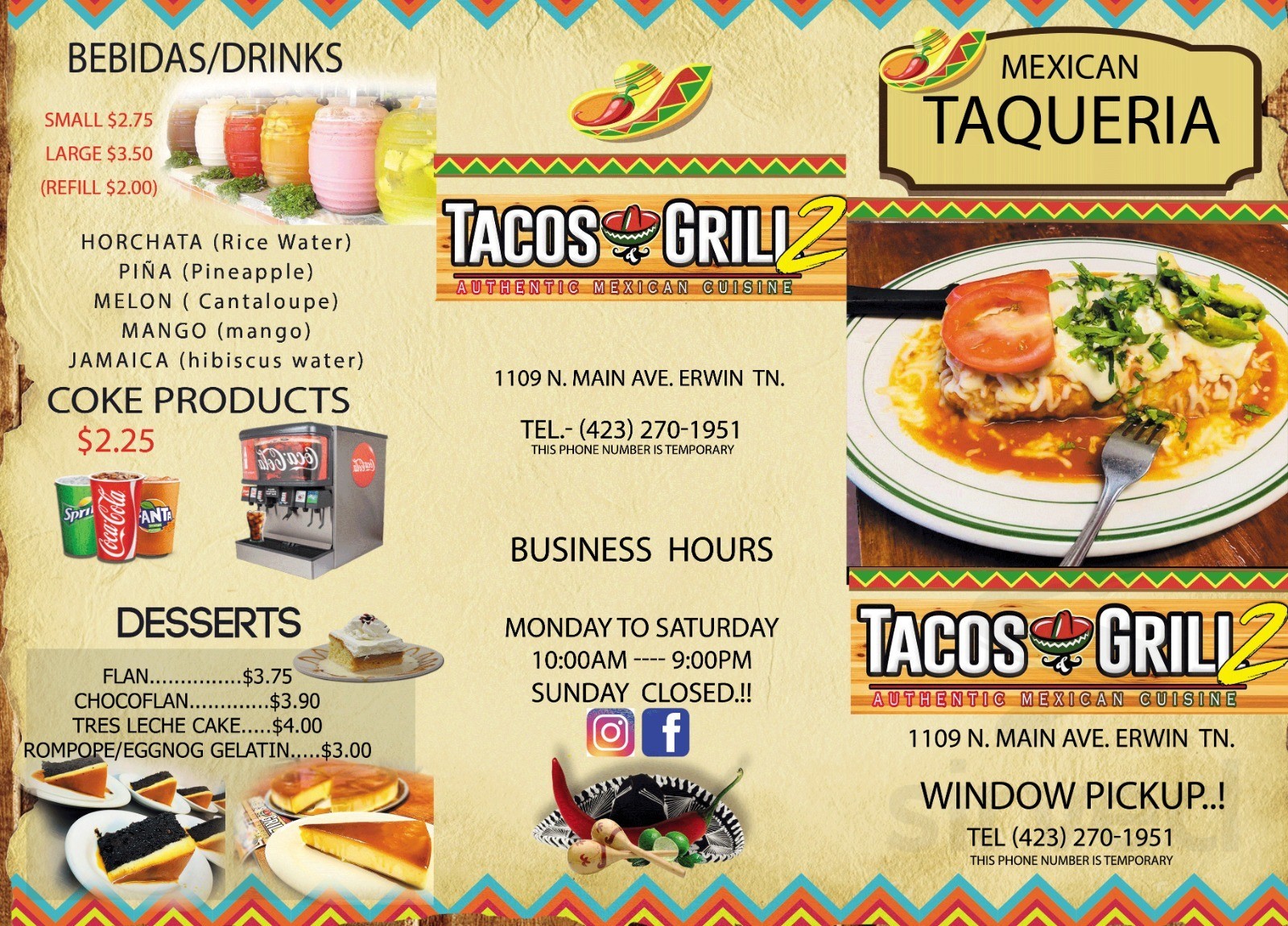 Tacos & Grill Mexican Cuisine 2 Erwin TN menus in Erwin, Tennessee ...