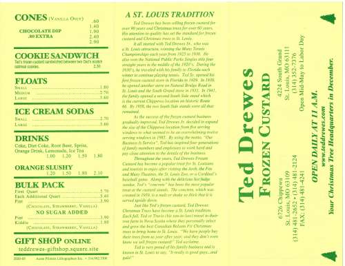 Ted Drewes Frozen Custard menu in St. Louis, Missouri, USA