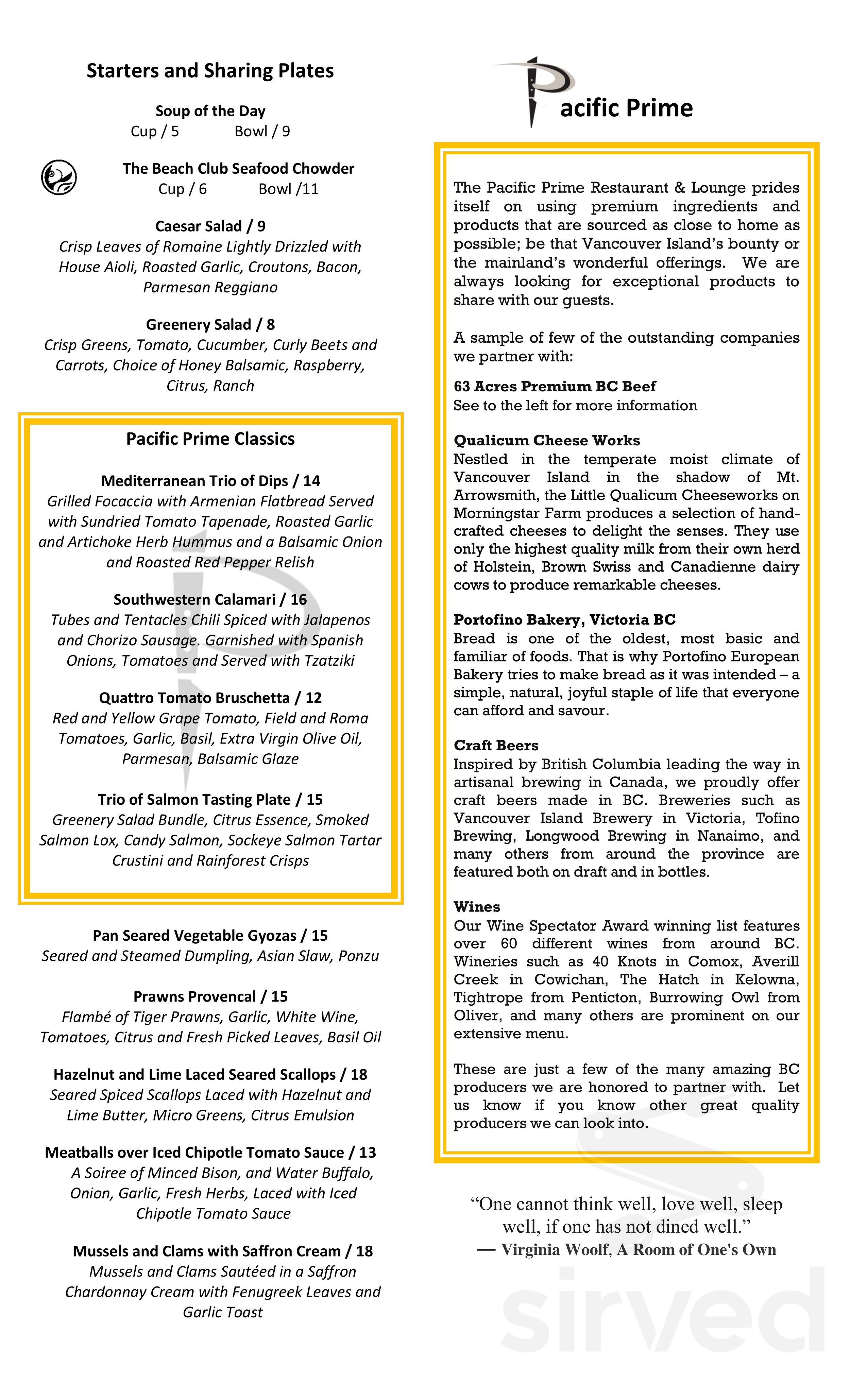 Menu - Parksville BC's Pacific Prime Restaurant at The Beach Club ...