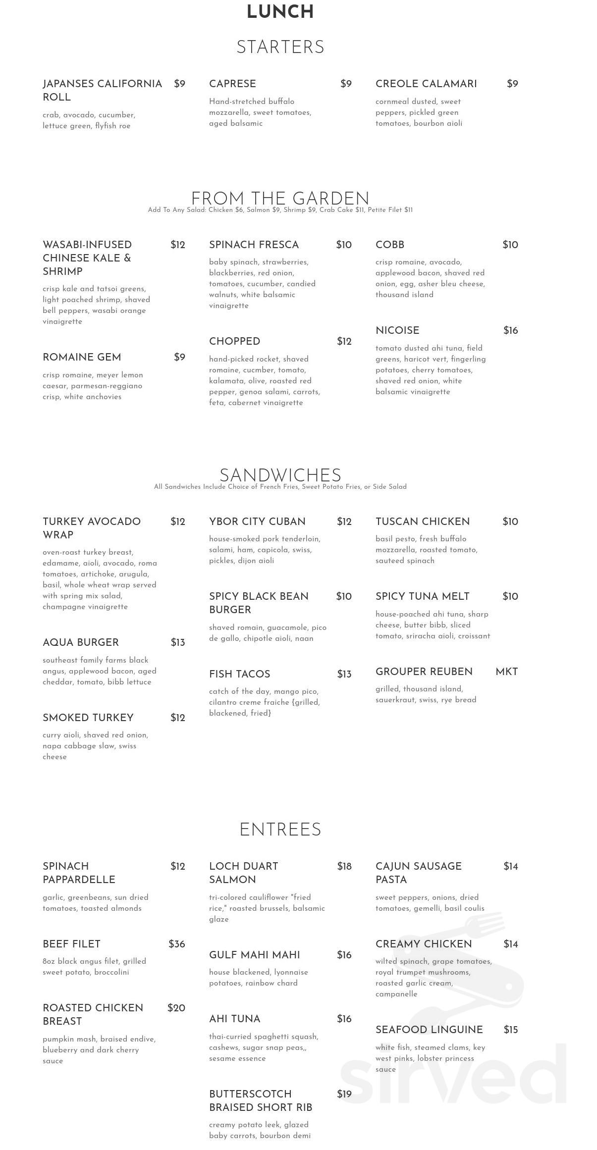 Aqua menu in Tampa, Florida, USA