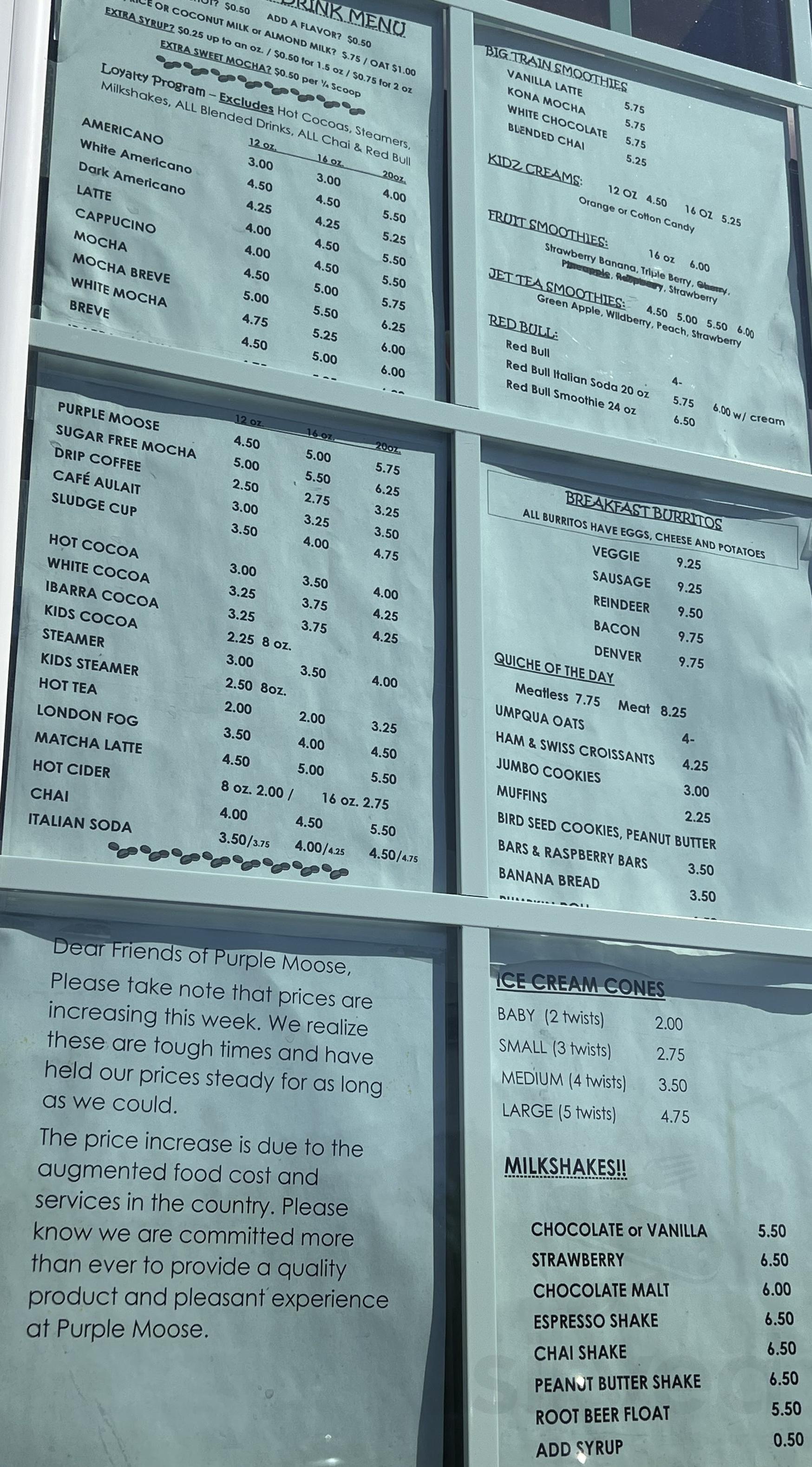 Purple Moose Espresso menu in Palmer, Alaska, USA