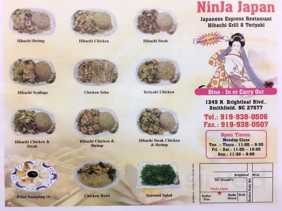 Ninja Japan menu in Smithfield, North Carolina, USA