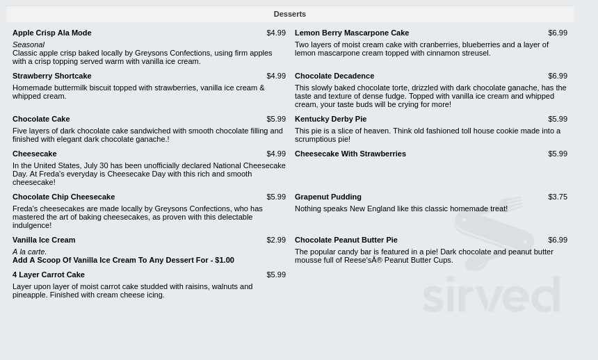 Freda's menu in West Bridgewater, Massachusetts, USA