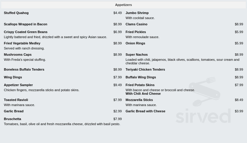 Freda's menu in West Bridgewater, Massachusetts, USA