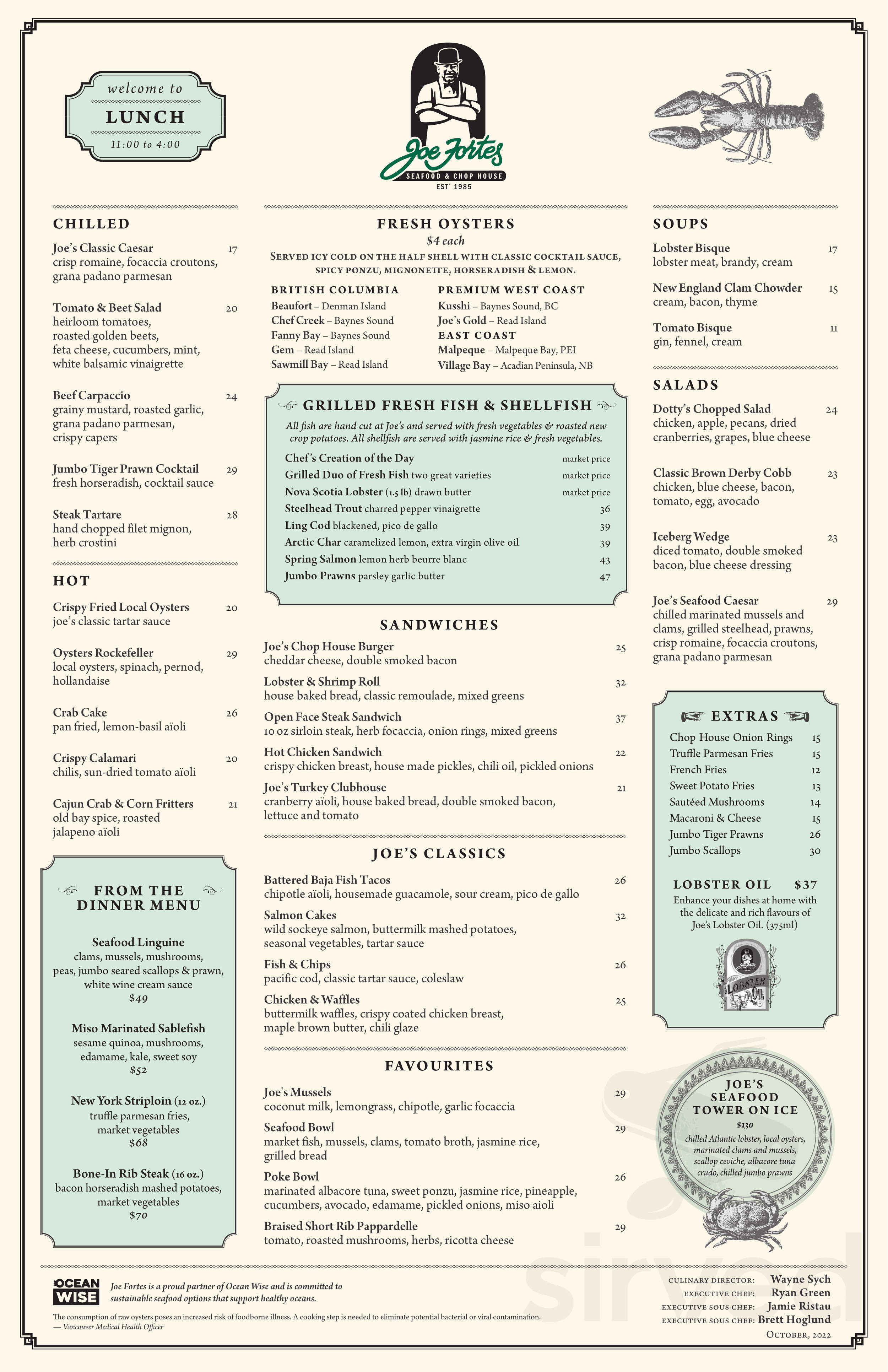 Joe Fortes Whistler menu in Whistler, British Columbia, Canada