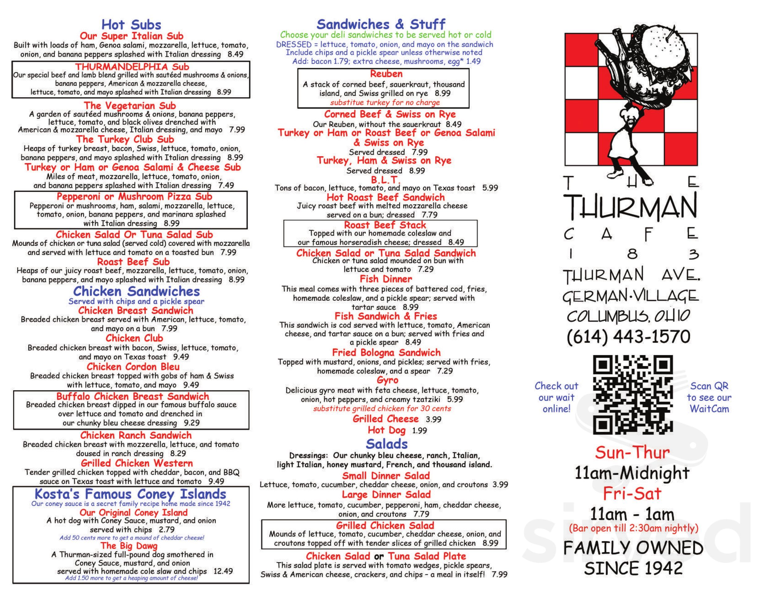 The Thurman Cafe menu in Columbus, Ohio, USA