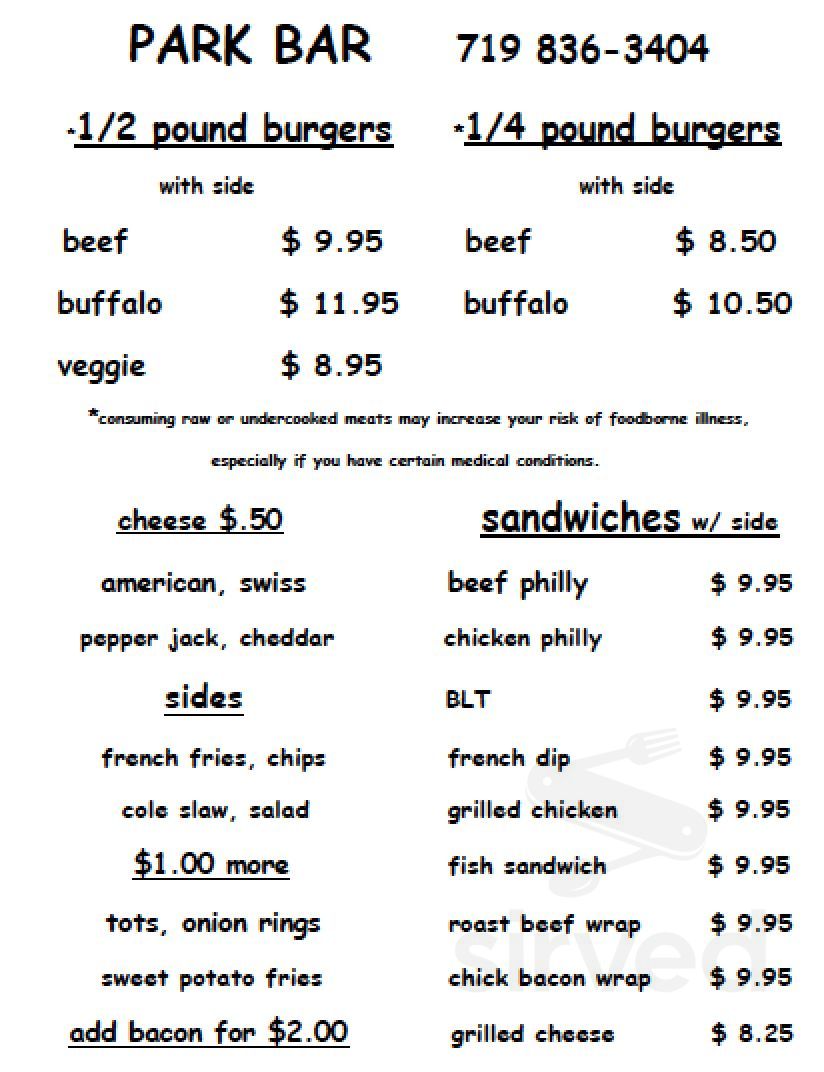 Menu - Fairplay CO's McCall's Park Bar | Sirved