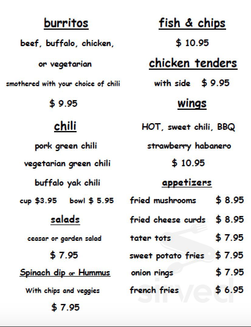 Menu - Fairplay CO's McCall's Park Bar | Sirved