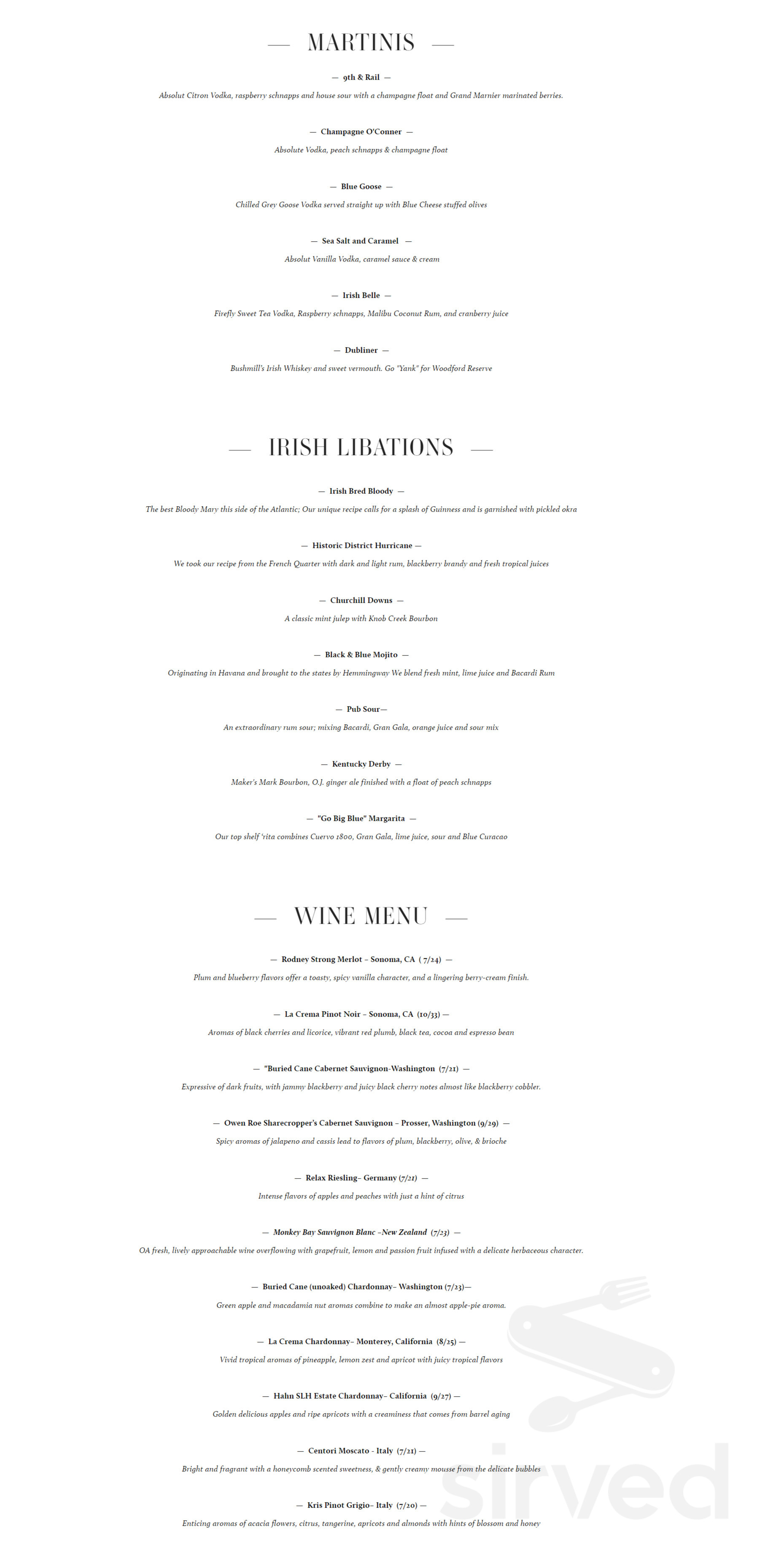Irish Bred Pub menu in Opelika, Alabama, USA