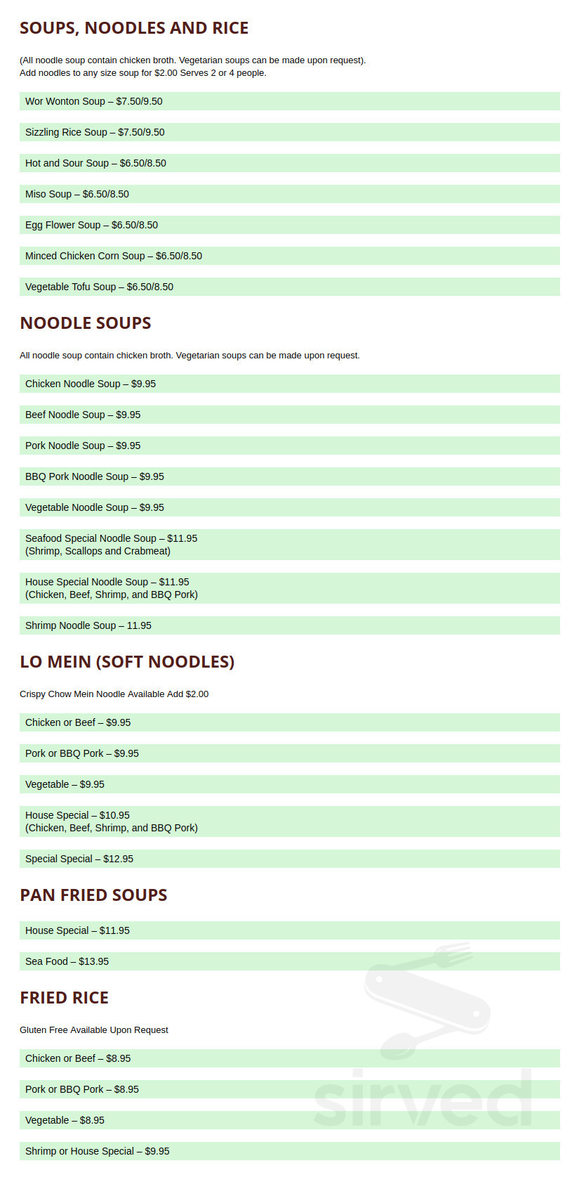 Chen's Panda Chinese Restaurant menu in Orange, California, USA