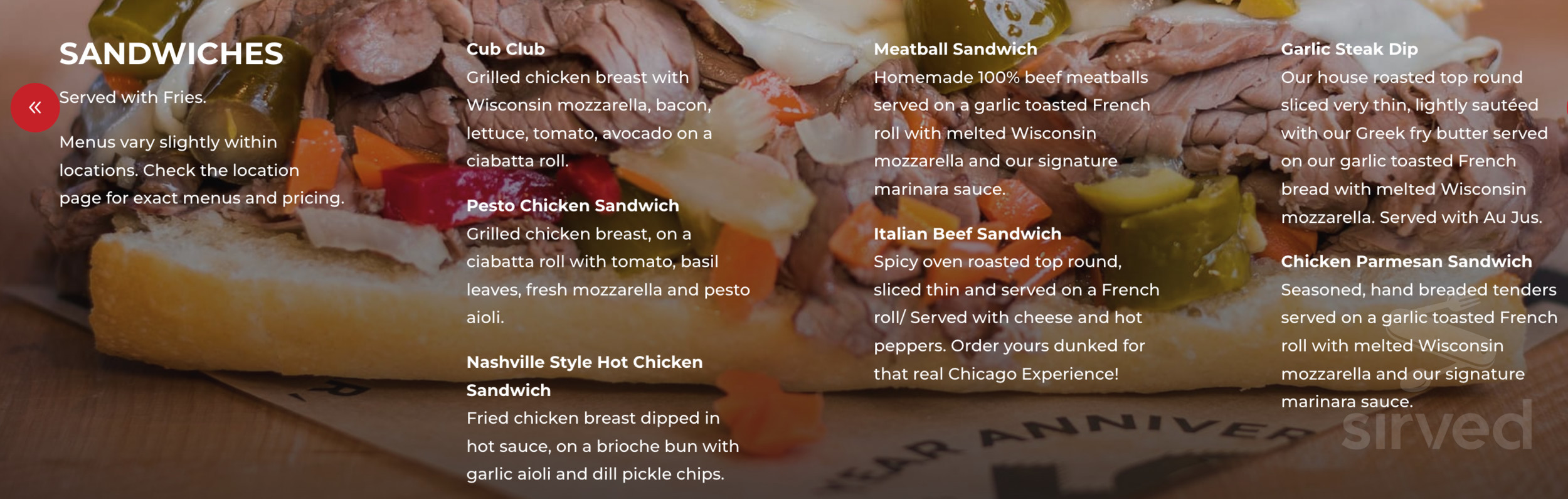 Chicago Fire menu in Folsom, California, USA