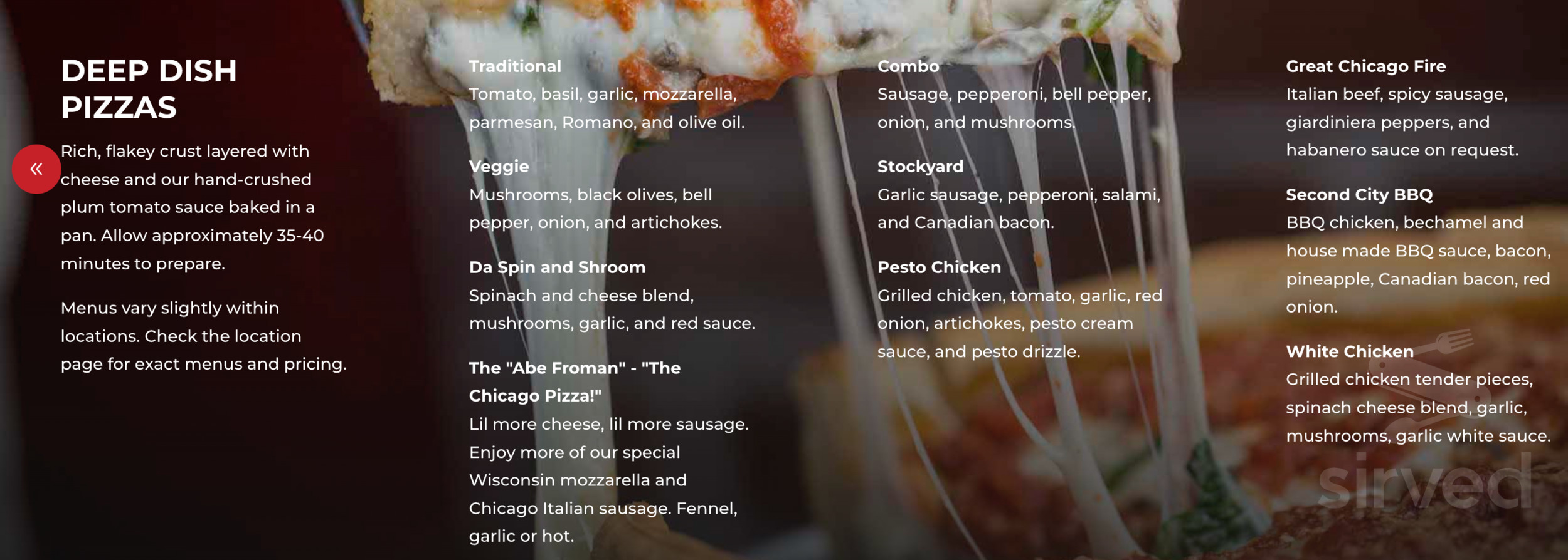 Chicago Fire menu in Folsom, California, USA