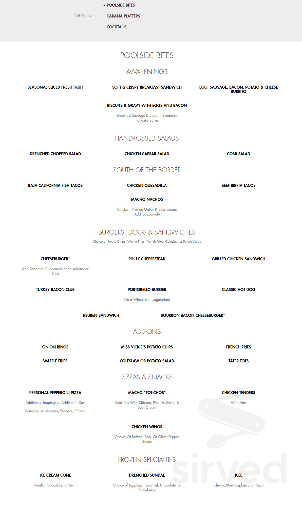Drenched Bar & Grill menu in Las Vegas, Nevada, USA