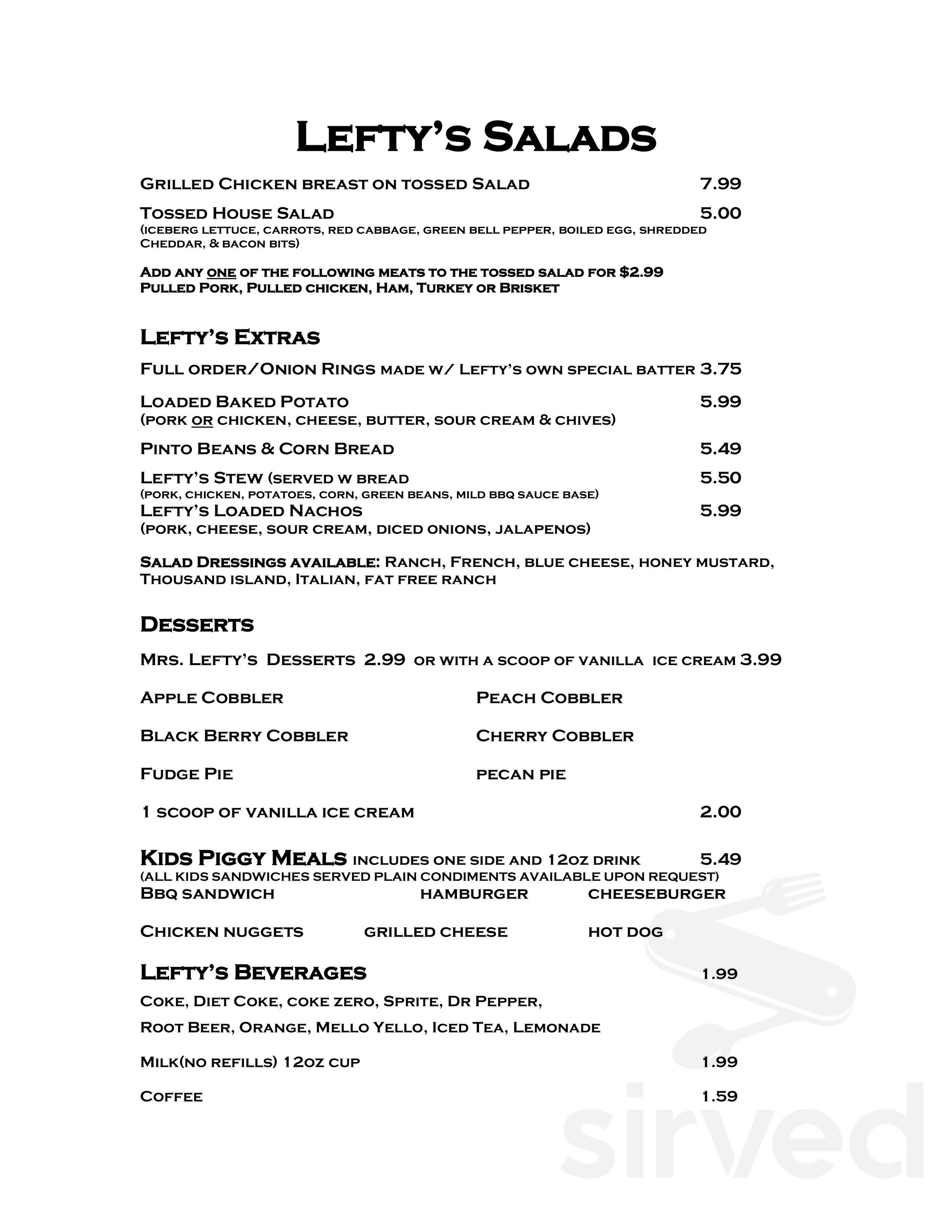 Lefty's Barbeque menus in Crossville, Tennessee, United States