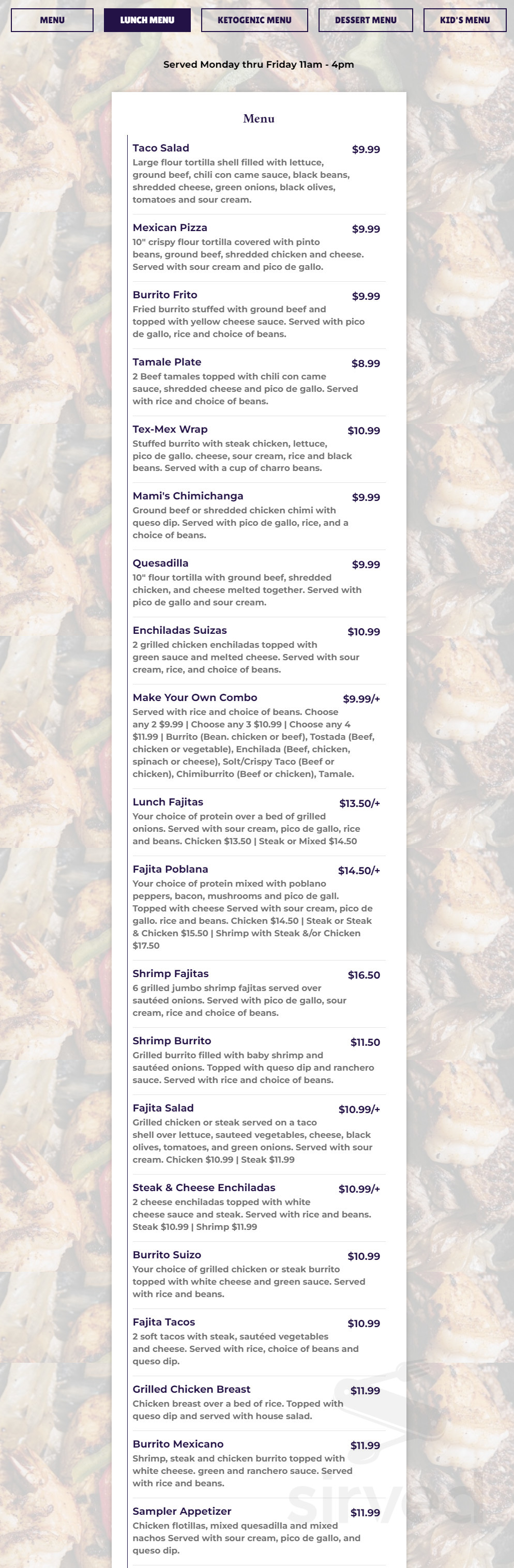 Mamis Mexican menu in Springfield, Louisiana, USA