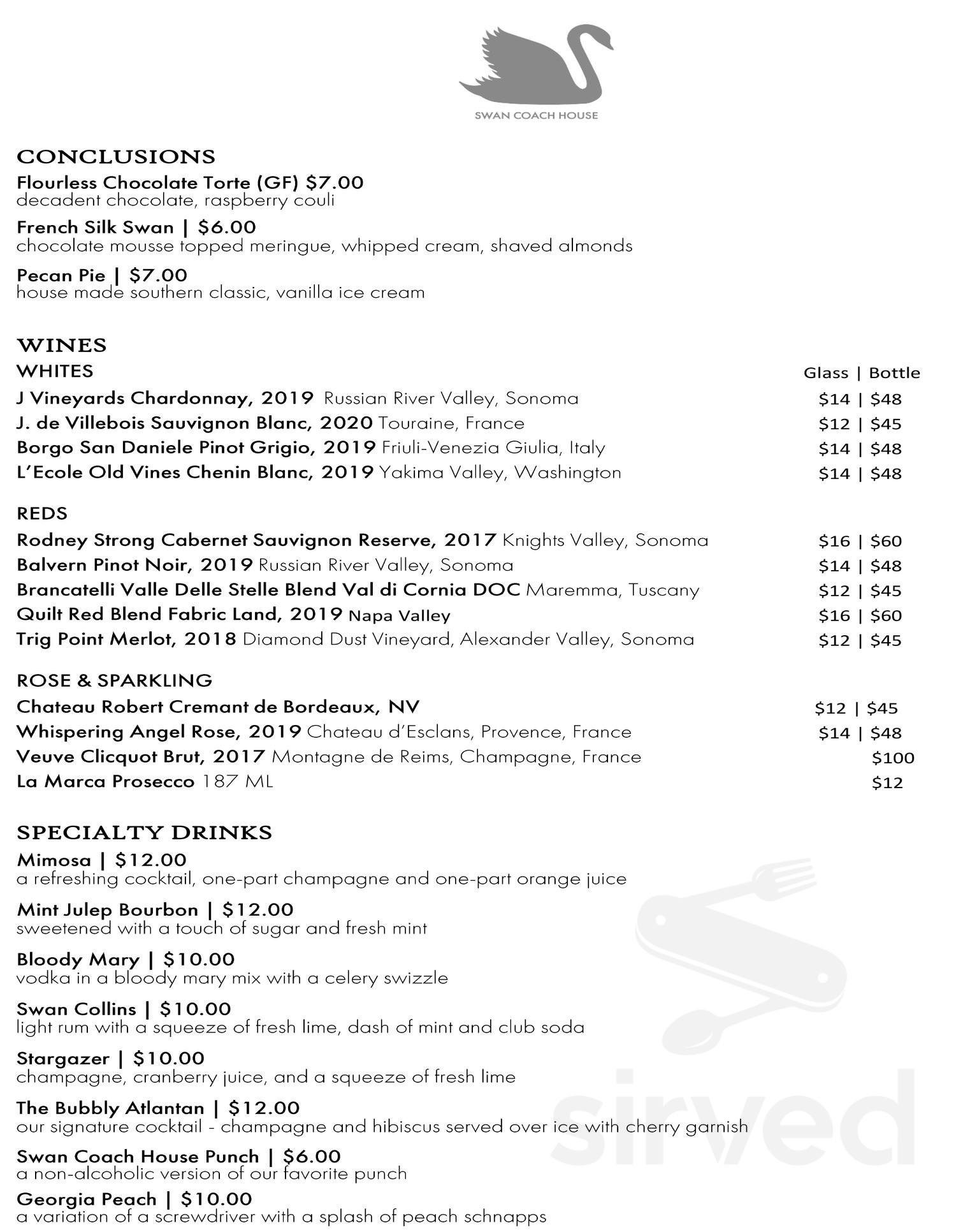 Swan Coach House menu in Atlanta, Georgia, USA