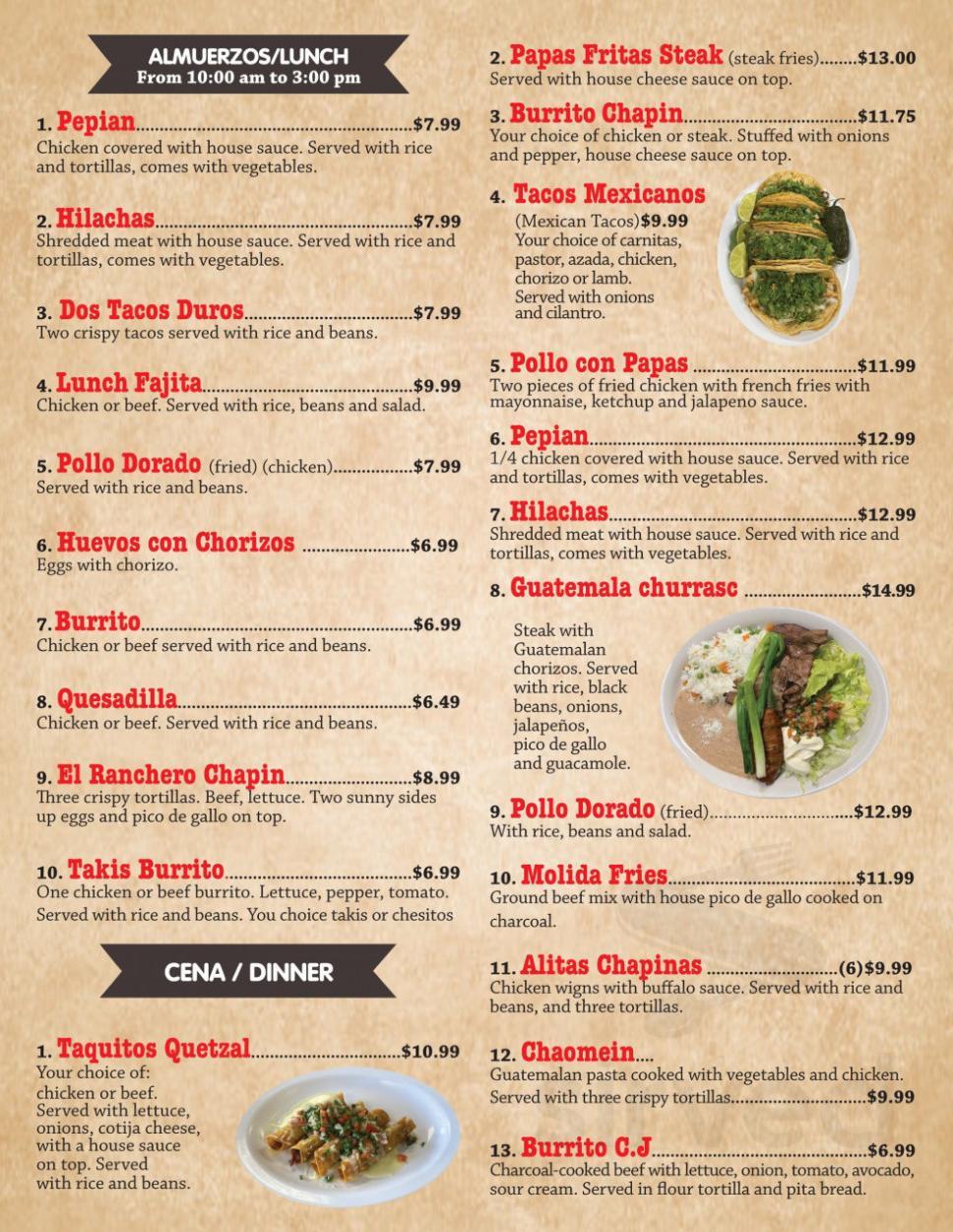 Tienda y Restaurante El Quetzal menu in Jacksonville, Florida, USA