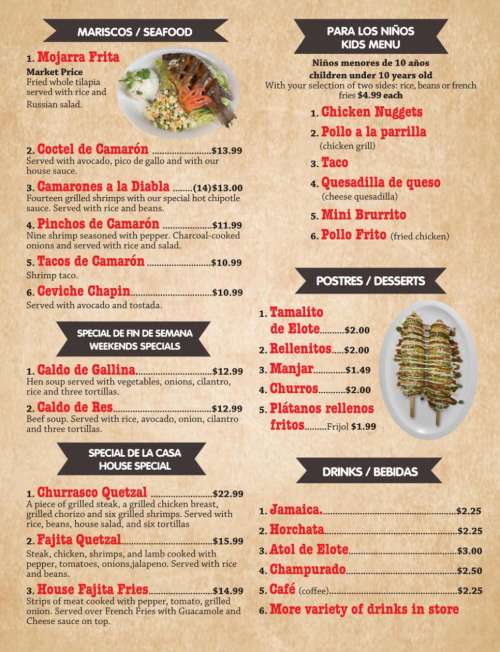 Tienda y Restaurante El Quetzal menu in Jacksonville, Florida, USA