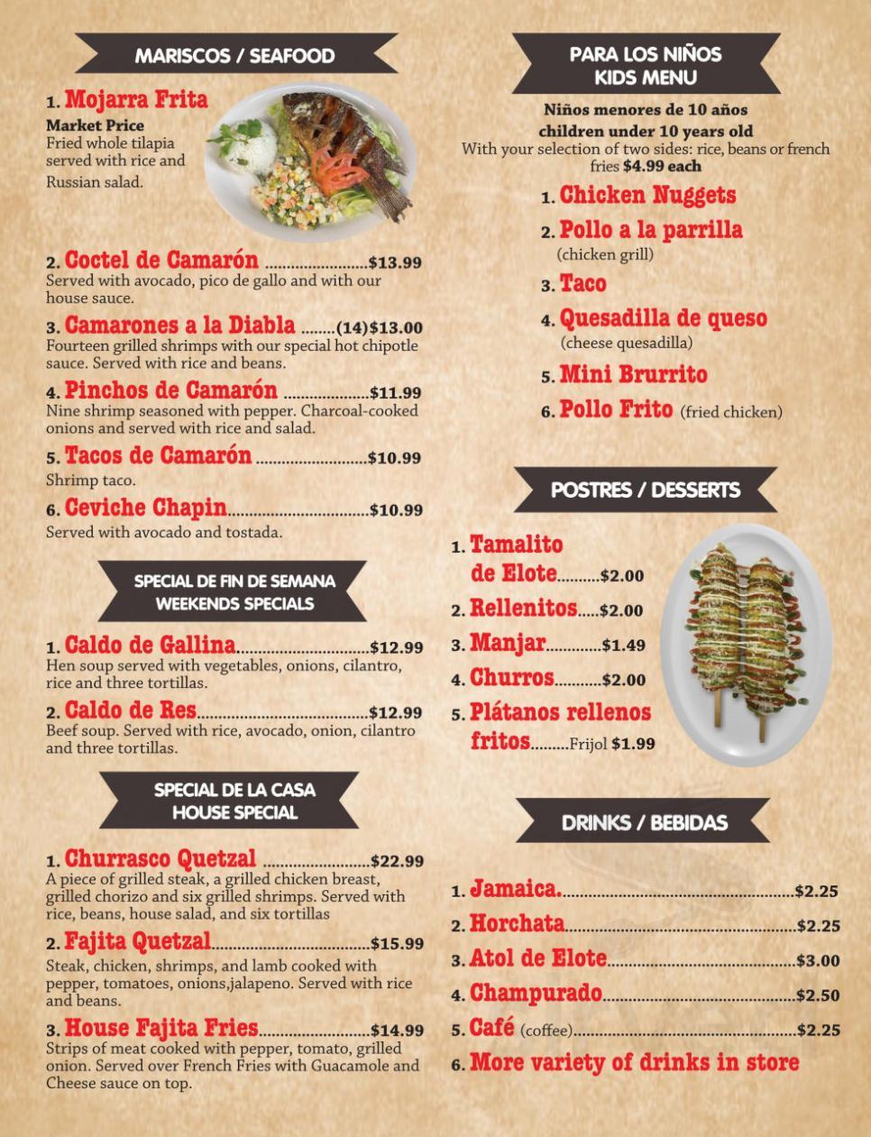 Tienda y Restaurante El Quetzal menu in Jacksonville, Florida, USA