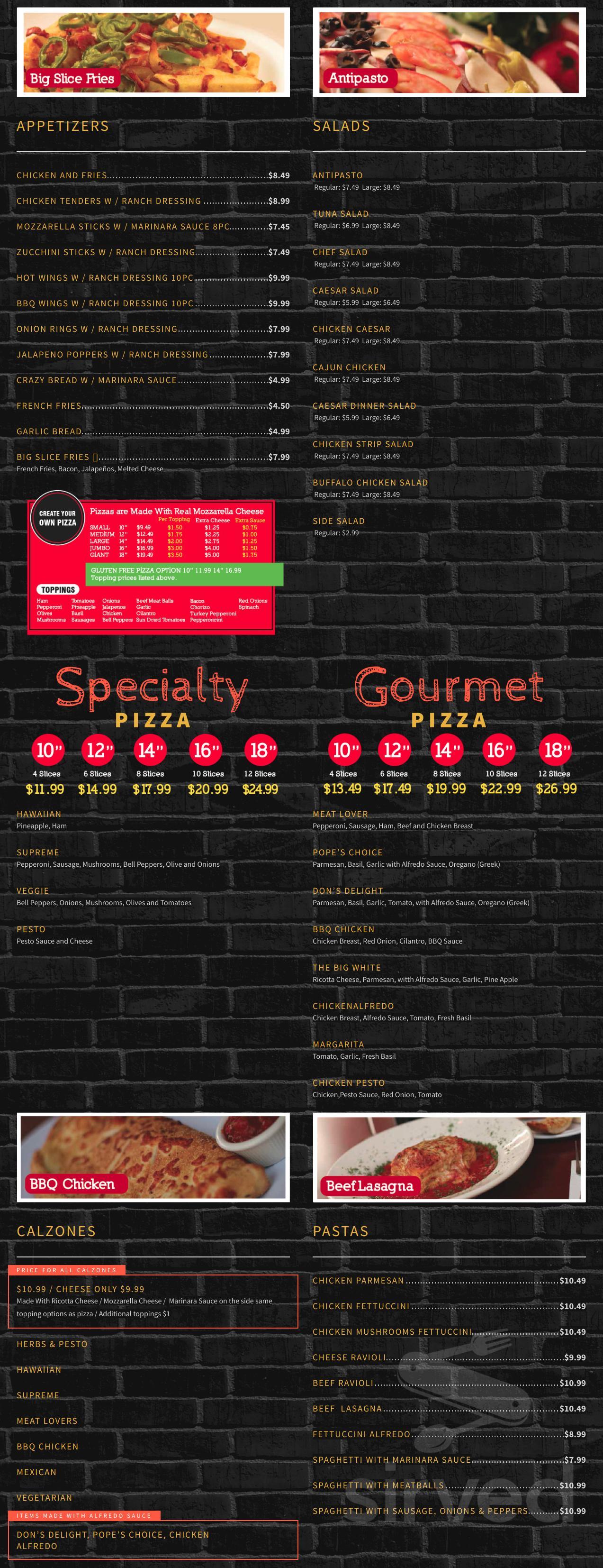 Big Slice Pizza menu in Fullerton, California, USA