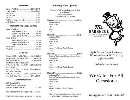 Mr. Barbecue menu in Winston-Salem, North Carolina, USA