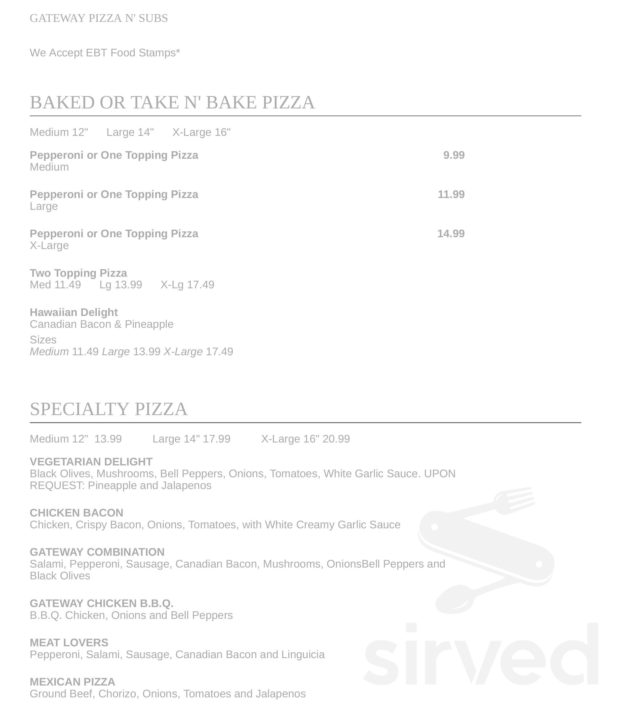 Gateway Pizza N Subs menu in Merced, California, USA