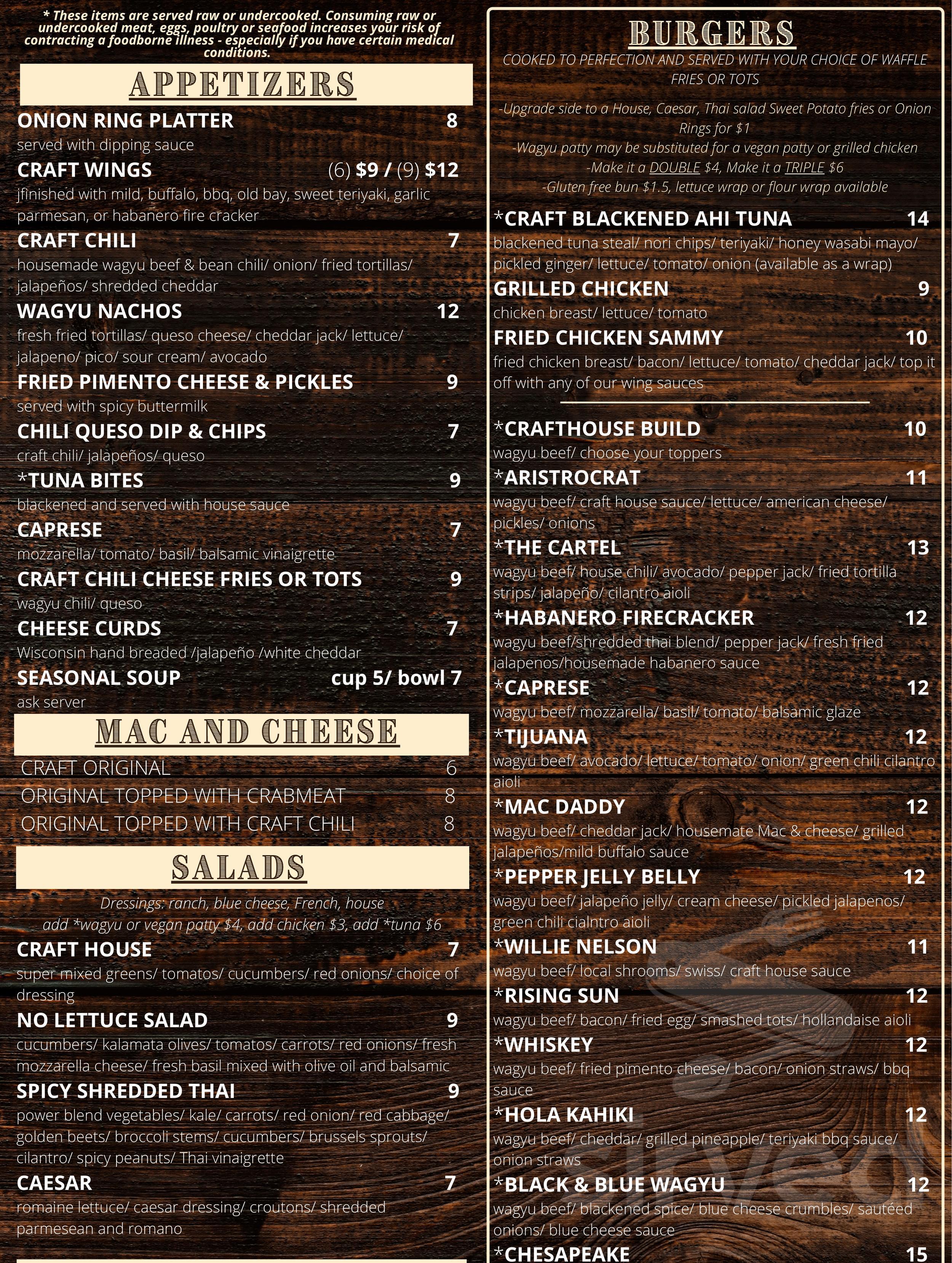 Craft Burger Bar menu in Virginia Beach, Virginia, USA