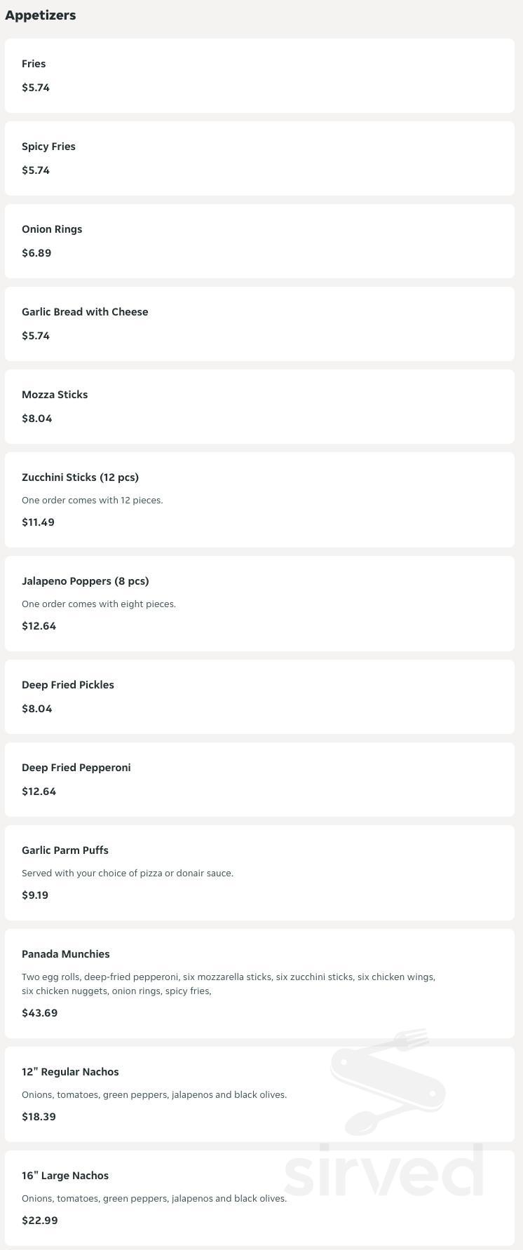 Panada Pizza menu in Halifax, Nova Scotia, Canada