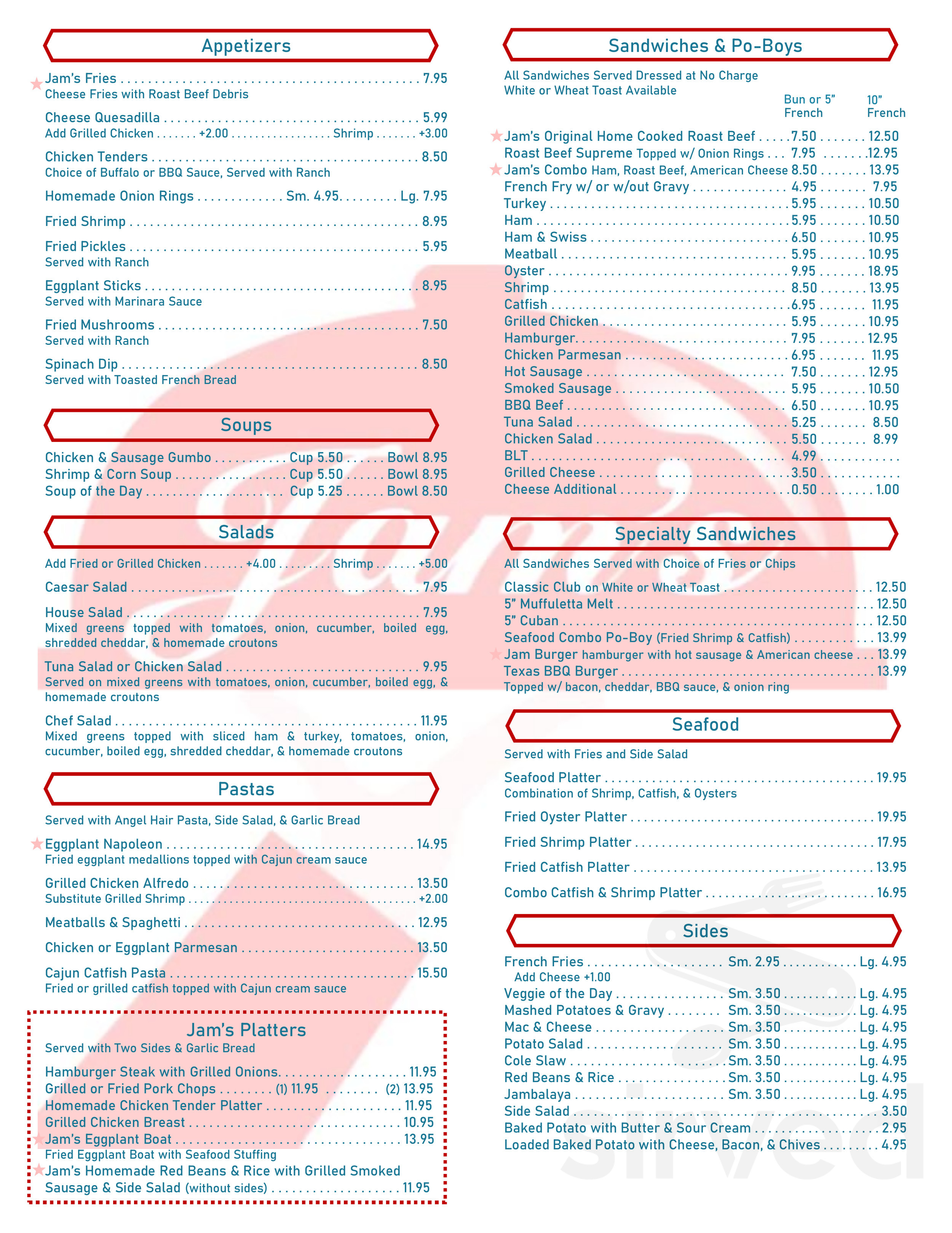 Menu - Metairie LA's Jam's Po-Boys & Catering | Sirved
