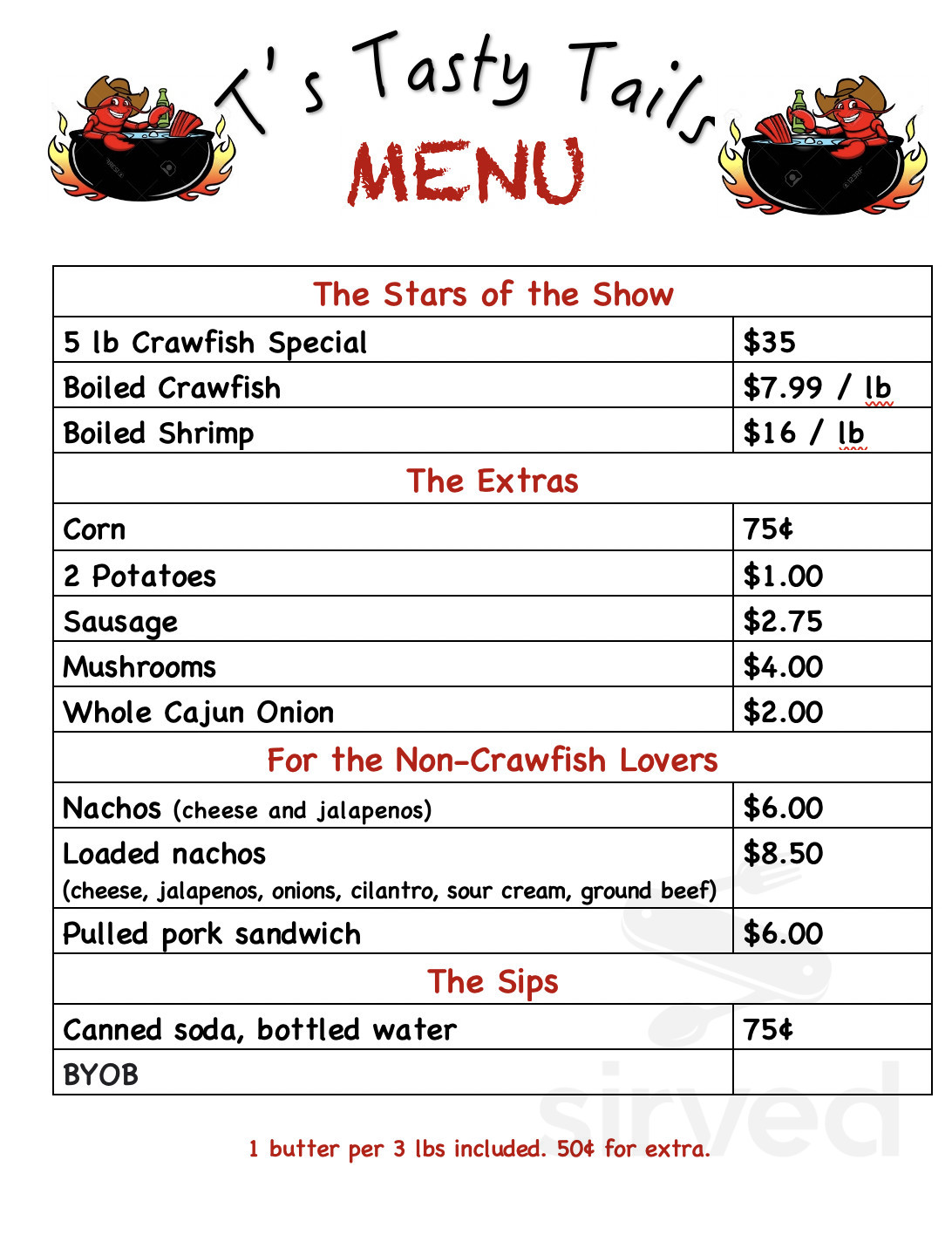 T's Tasty Tails menu in Magnolia, Texas, USA